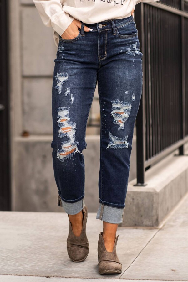 Judy Blue Bridgeport Mid Rise Destroyed Boyfriend Jean In Dark Wash ...