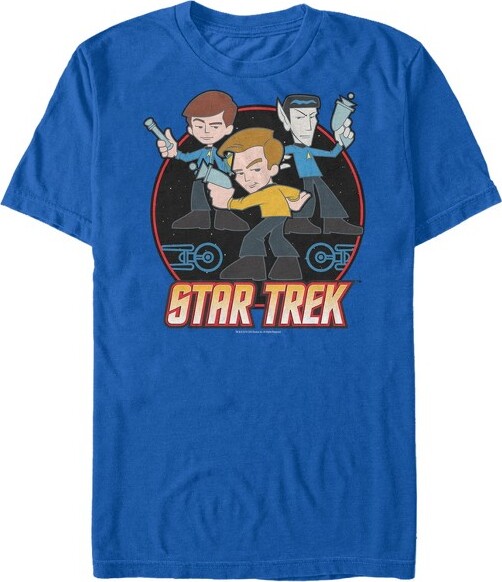 Men's Star Trek Cartoon Kirk, Spock, & Bones With Phasers T-Shirt ...
