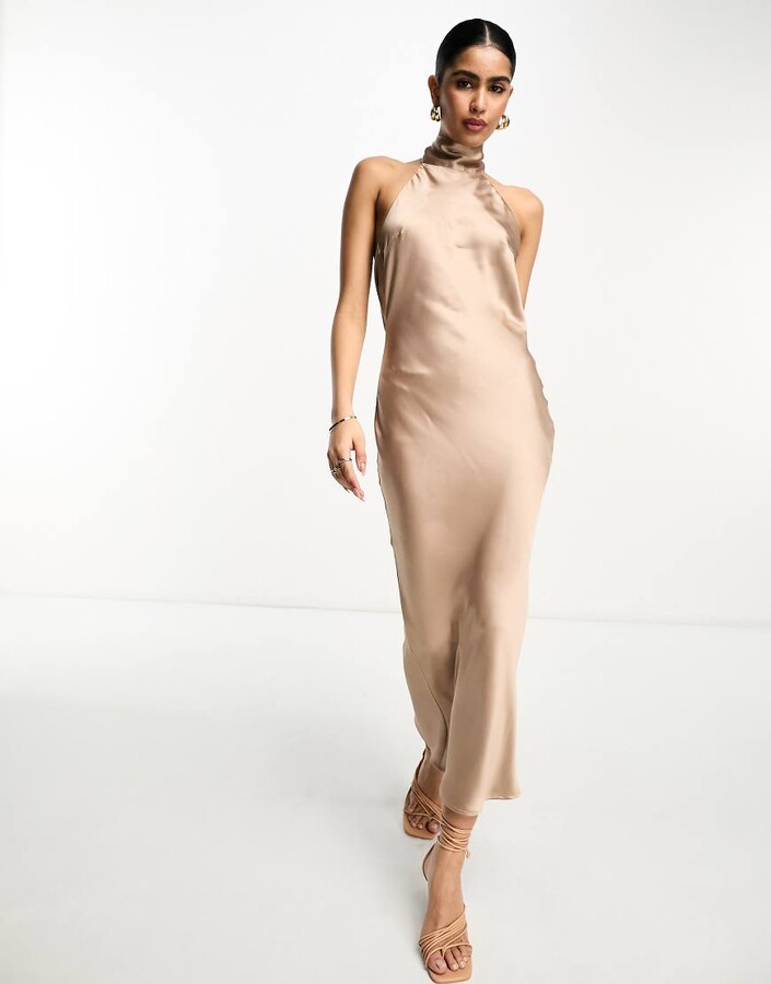 Pretty Lavish high neck satin midaxi dress in mocha - ShopStyle