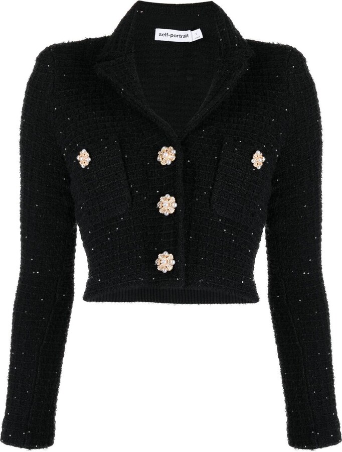 Self-Portrait Black Sequin Textured Knit Jacket - ShopStyle