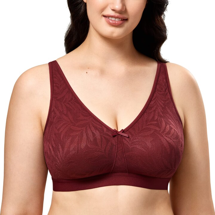 AISILIN Women's Wireless Full Coverage Plus Size Unlined Comfort Lace Sleep Bra Merlot 40C ...