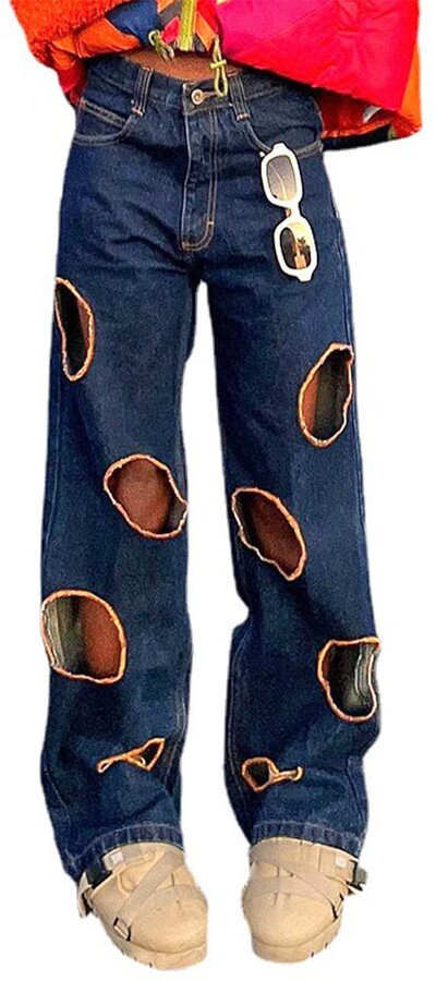 X Xya X-xyA Women's Low Waist Ripped Jeans Personality Straight Wide ...