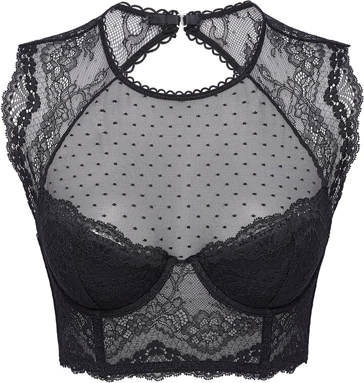 DOBREVA Women's Lace Corset Top Padded Underwire Bra High Neck Bustier ...