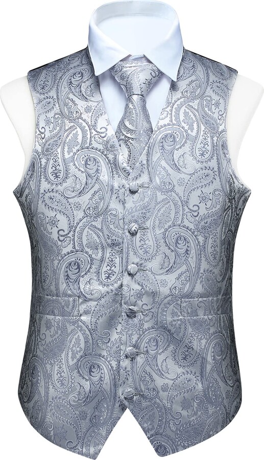 FAIMO Silver Waistcoat Mens Paisley Floral Jacquard Waistcoat with ...