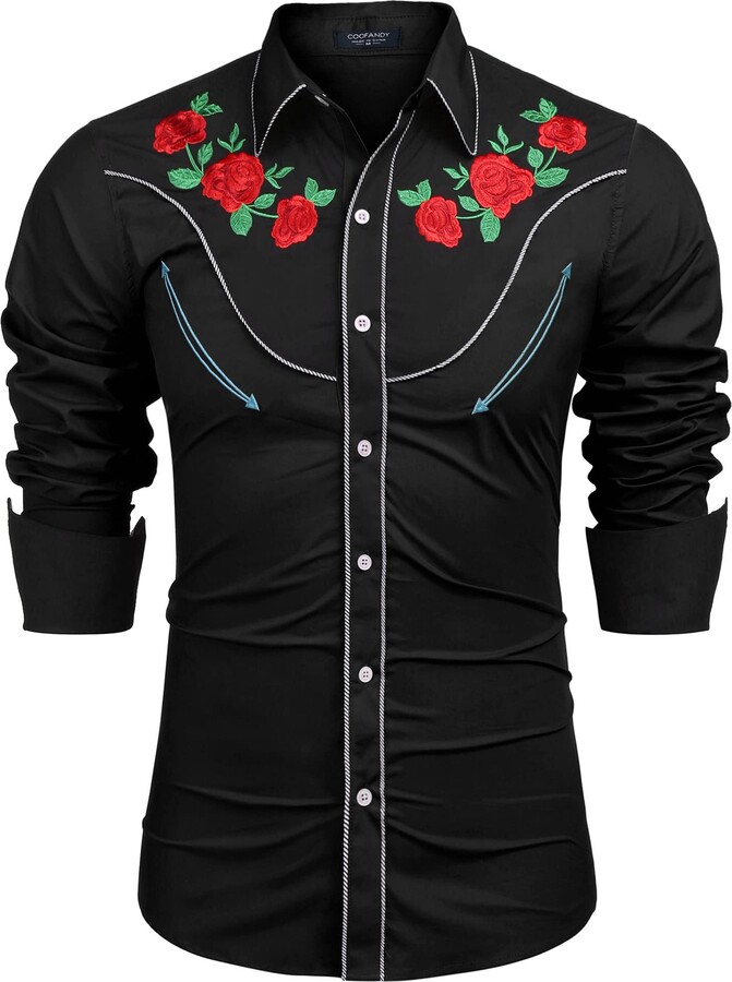 COOFANDY Men's Western Shirts Casual Long Sleeve Cowboy Shirts Embroidered Button Down Shirt ...