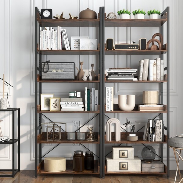 Tangkula 6-Tier Bookshelf with 4 Hooks Industrial Storage Bookcase Tall ...