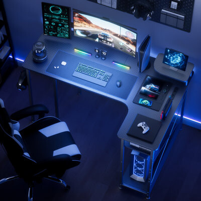 Inbox Zero L-shape Gaming Desk, Carbon Fiber Computer Desk with Monitor ...