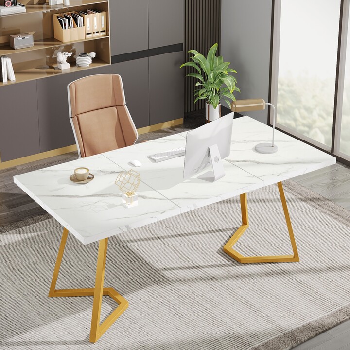 Tribesigns Modern Gold Computer Desk: 55 Inches White and Gold Home ...