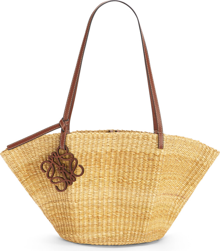 Loewe Luxury Small Shell Basket bag in elephant grass and calfskin ...