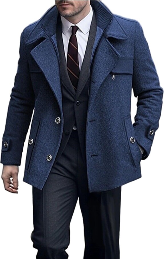 crazynekos Men's Wool Blend Pea Coat Notched Collar Slim Fit Single ...