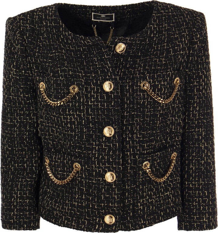 Elisabetta Franchi Short Lurex Tweed Jacket With Chains - ShopStyle