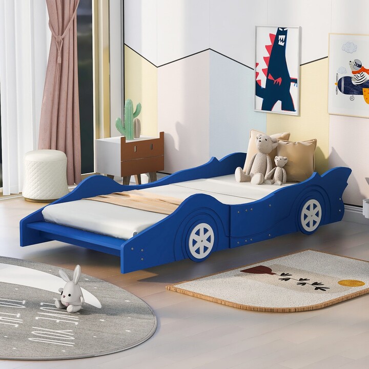 GREATPLANINC Twin Size Race Car-Shaped Platform Bed with Wheels, Wooden ...