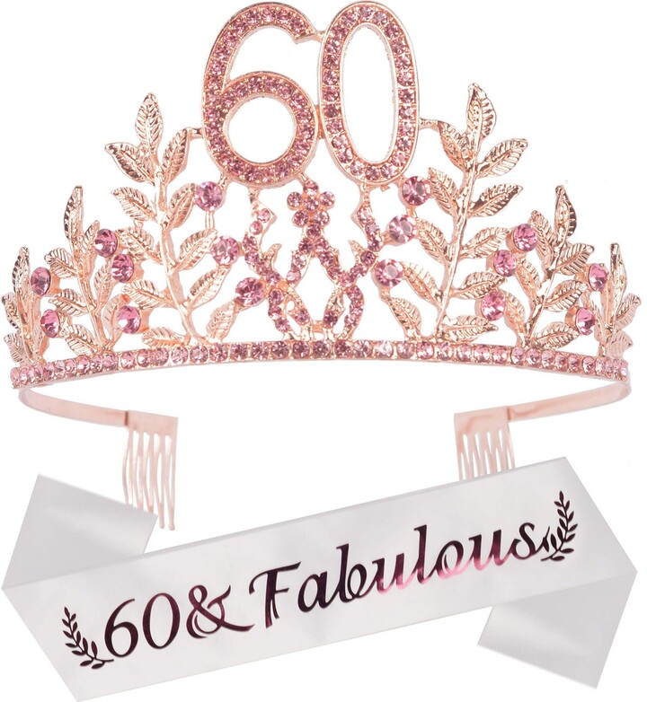 Meant2tobe 60th Birthday Sash and Tiara for Women - Fabulous Sash + Leafs Rhinestone Pink ...