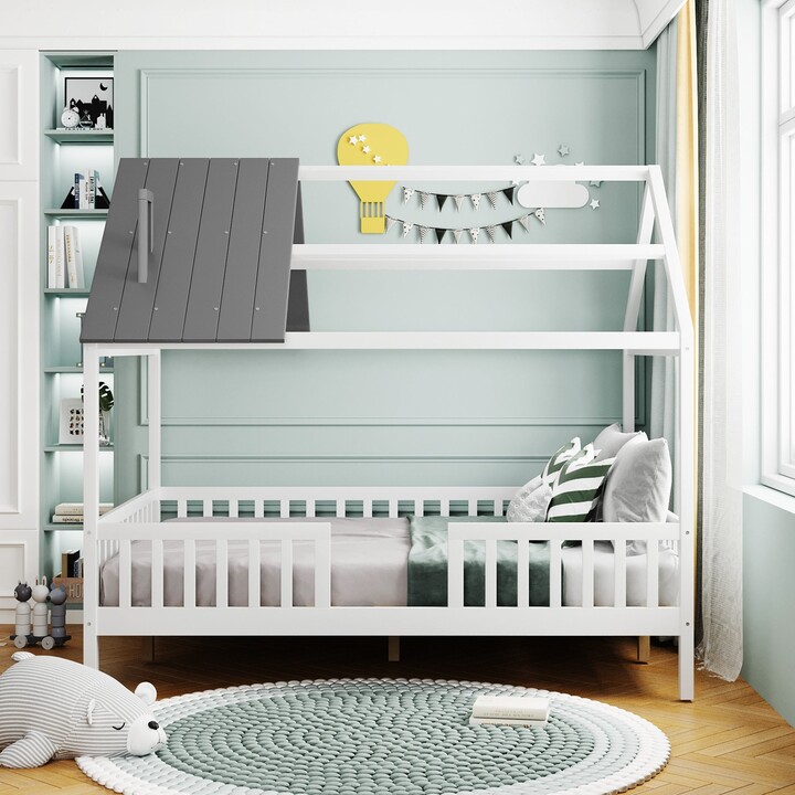 Sunmory Kid-Friendly Design Full Size House Bed Kids Bed With Fence ...