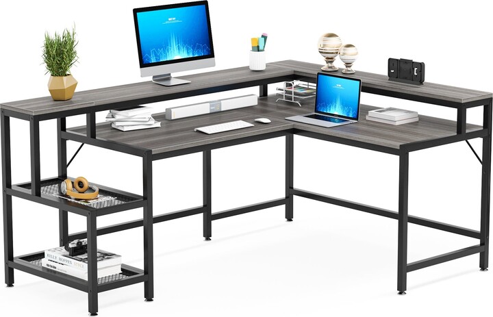 Lee Industrial L-Shaped Desk with Storage Shelves, Corner Computer Desk ...
