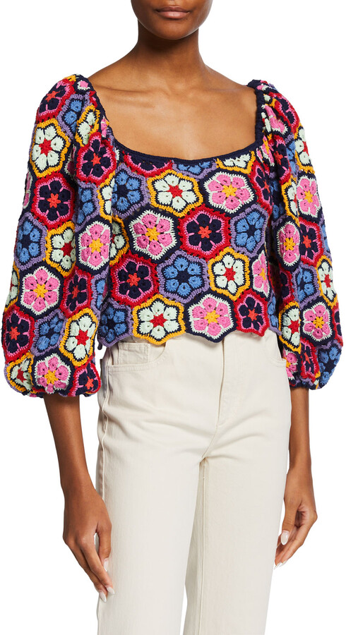 Farm Rio Flower Crochet Voluminous-Sleeve Blouse - ShopStyle Tops