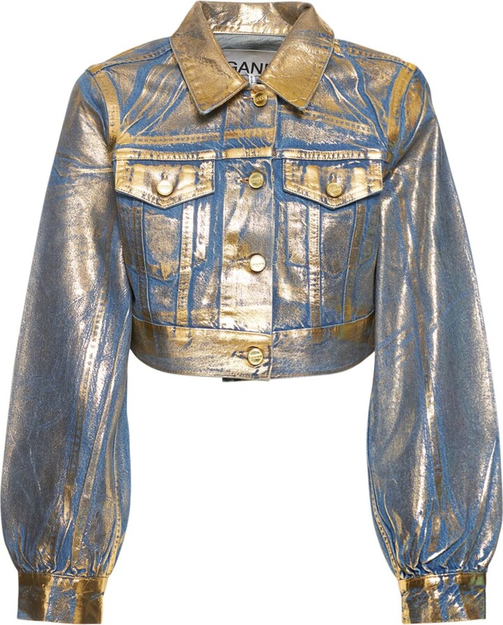 Ganni Gold denim cropped trucker jacket - ShopStyle