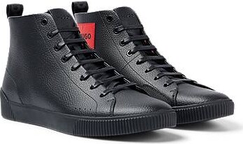 HUGO BOSS Grained-leather trainers with red logo label - ShopStyle