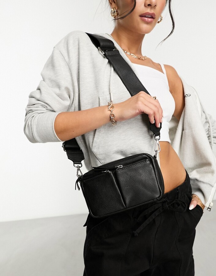 ASOS DESIGN double pocket leather crossbody bag in black - ShopStyle