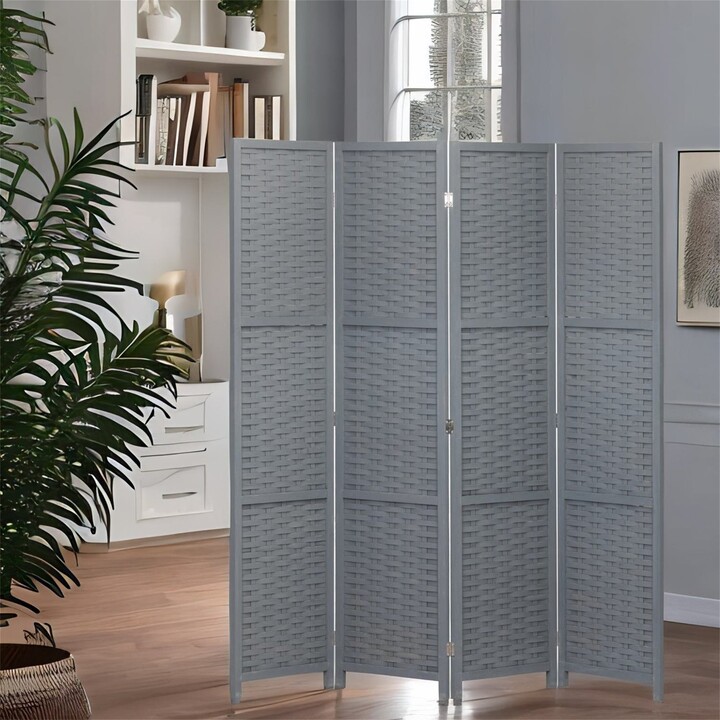 Devera Gray 5.5 FT Bamboo Wood Room Divider Folding 4 Panel Privacy ...