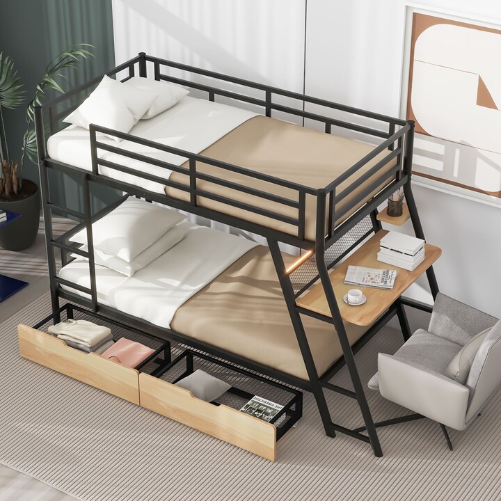 Sunmory Metal Bunk Bed with Built-in Desk, Light and 2 Storage Drawers ...