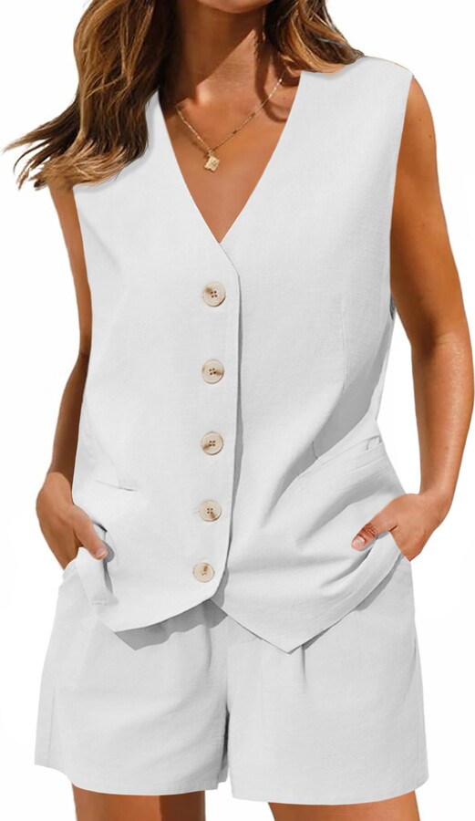 Cicy Bell Womens Summer Blazer Vest 2 Piece Sets V Neck Sleeveless Button Down Waistcoat and ...