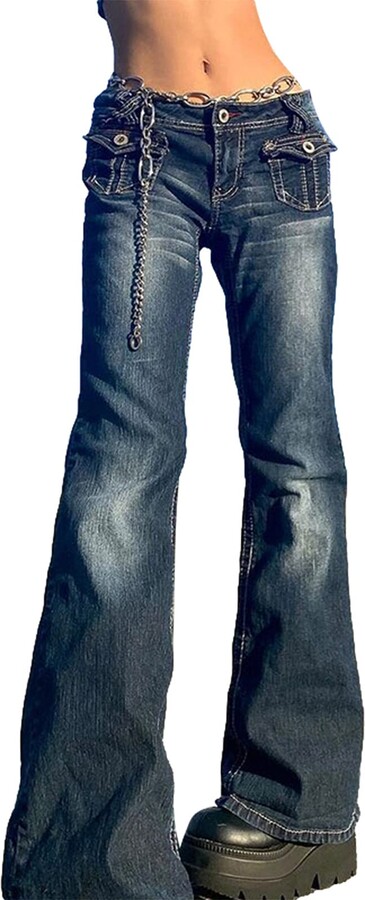 PDYLZWZY Women Low Rise Jeans Y2k Loose Straight Leg Jeans Baggy Denim ...
