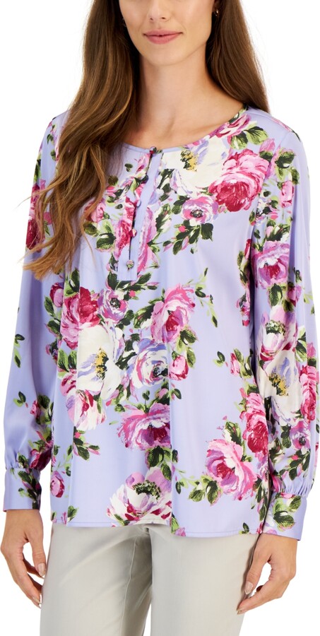 JM Collection Petite Floral-Print Satin Blouse, Created for Macy's ...