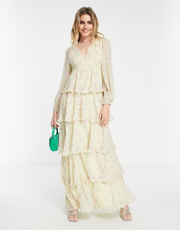 Pretty Lavish Ashton ruffle maxi dress in lemon and pink floral - ShopStyle