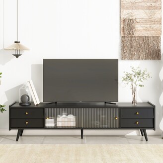 HOMEBAY TV Stand with Sliding Fluted Glass Doors, Slanted Drawers Media ...