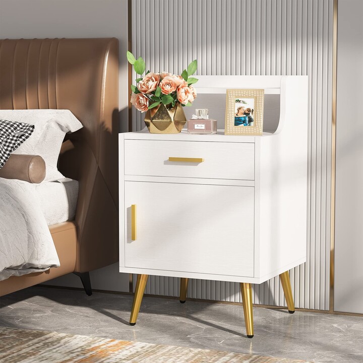 EPOWP Modern Gold Nightstand, White Nightstand with Drawer, 32 inches ...