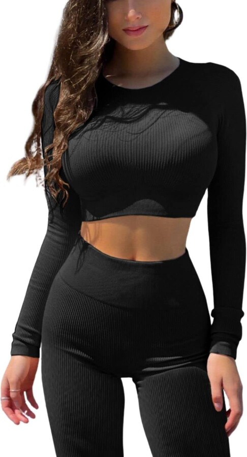 QINSEN Seamless Workout Outfits for Women 2 Piece Ribbed Long Sleeve Crop Top Tummy Control ...