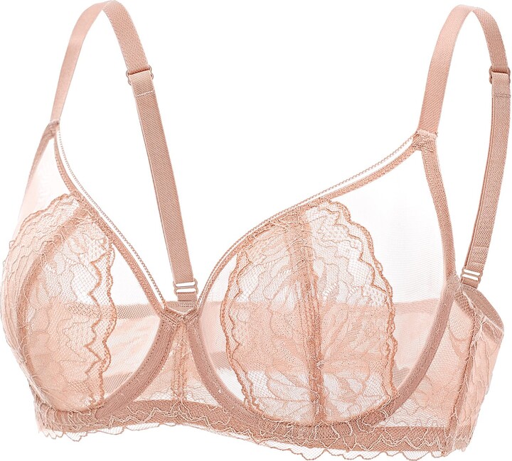 DOBREVA Women's Lace Sexy Bra See Through Sheer Unlined Plus Size Full Coverage Underwire Bras ...