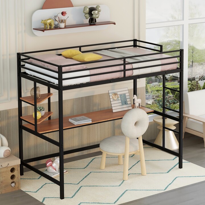 Metal Frame Loft Bed with Desk and Shelves - ShopStyle