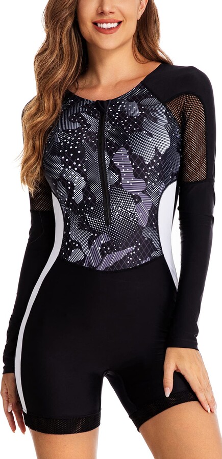 FEOYA Womens One Piece Rash Guard Zip Up Swimsuit Sexy Long Sleeve Mesh ...