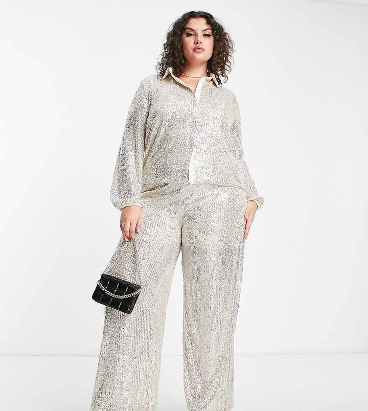 Flounce London Plus relaxed shirt in silver metallic sparkle - part of ...