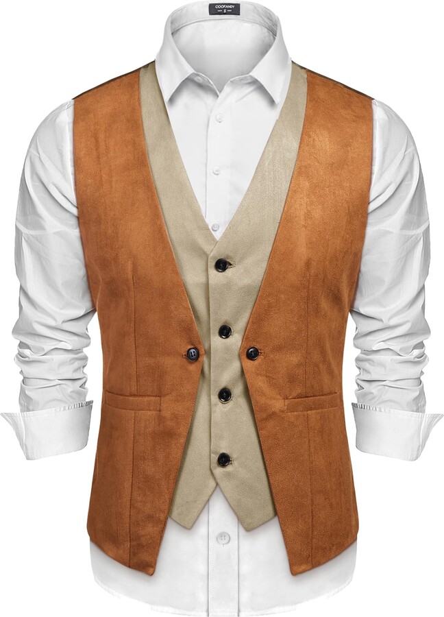 COOFANDY Men's Suede Leather Vest Layered Style Dress Vest Waistcoat ...