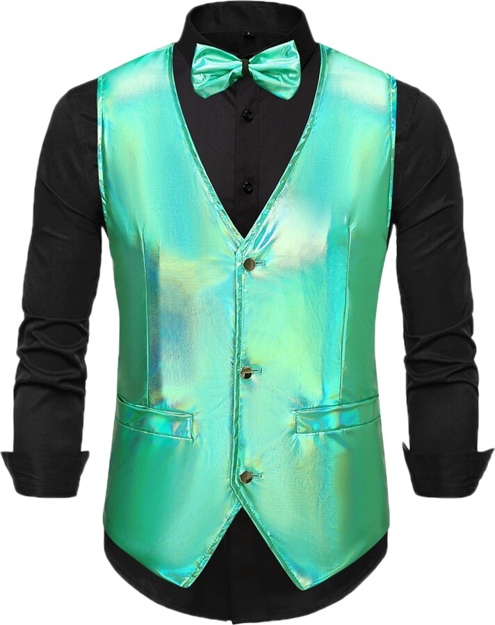 Lars Amadeus Holographic Vest for Men's V-Neck Slim Fit Shiny Disco ...