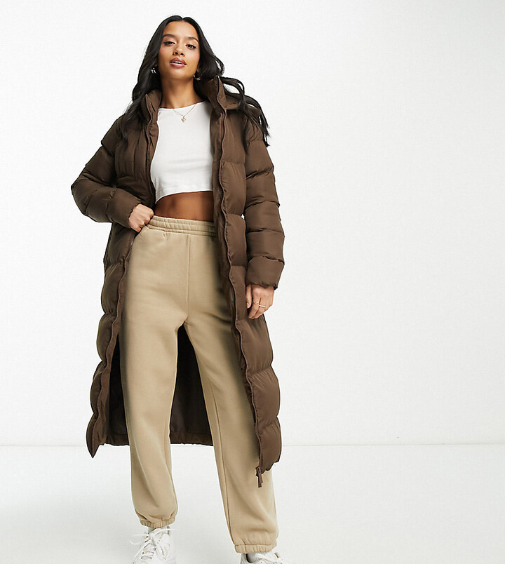 Threadbare Petite Addison maxi belted puffer coat in chocolate brown ...
