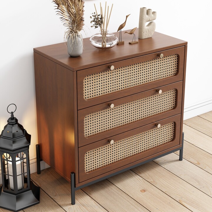 Modern Cannage Rattan Wood Closet 3-Drawer Chest Wood Storage Cabinet ...