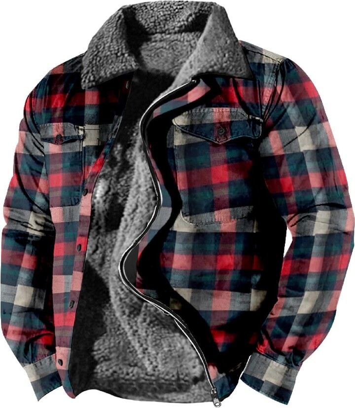 HANXIULIN Winter Jacket Men's Fur Hood Warm Lined Wool Checked Shirt ...