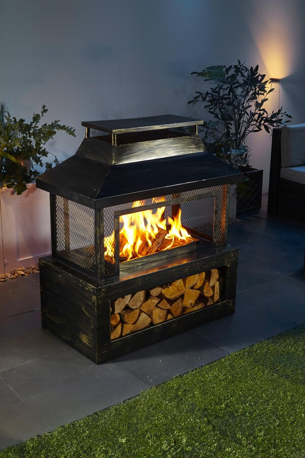 Neo Black Outdoor Fire Pit Log Burner With Mesh Surround and Storage ...