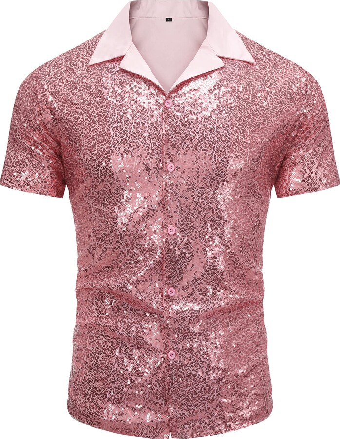 AstoSeu Men's Sequin Shirt 70s Costume Nightclub Party Short Sleeve Sparkle Disco Shirts - ShopStyle