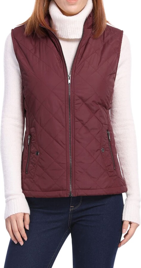 Allegra K Women's Front Zip Up Stand Collar Mock Pockets Quilted Padded ...