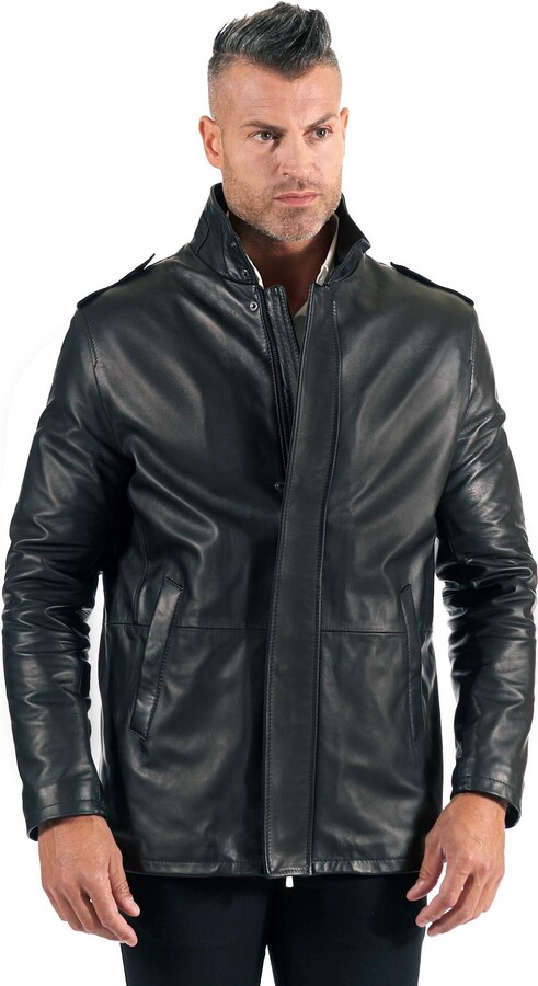 D'Arienzo Mens Italian Black Leather Jacket Coat Korean Collar Genuine ...