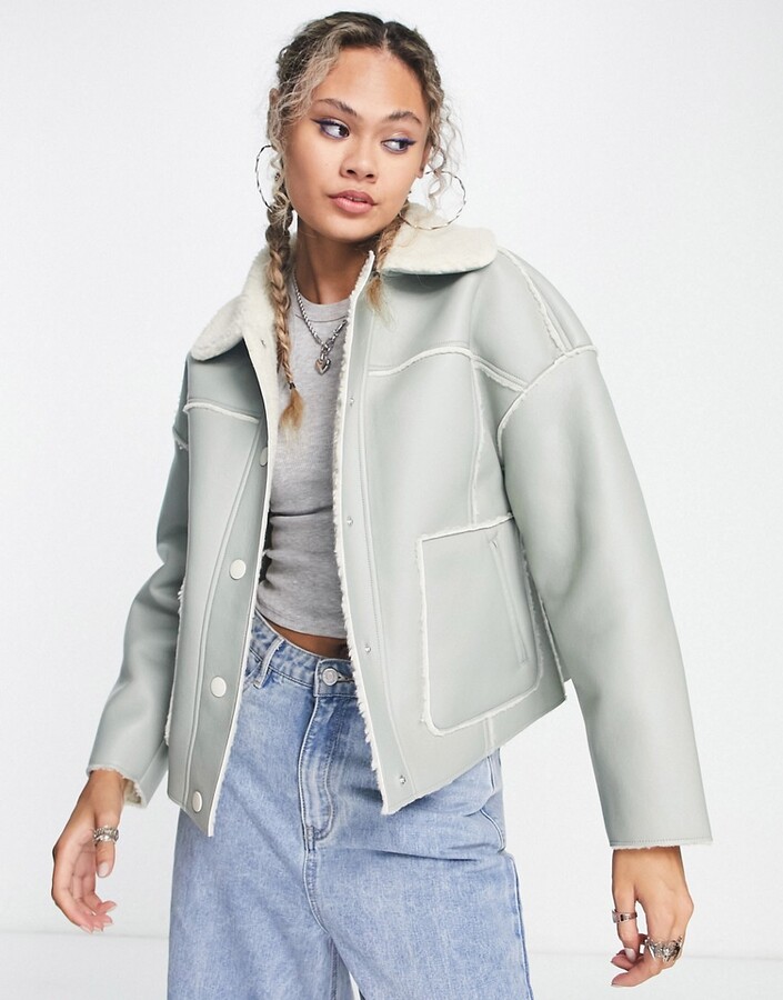 Urban Code pu aviator jacket in sage green with contrast cream borg ...