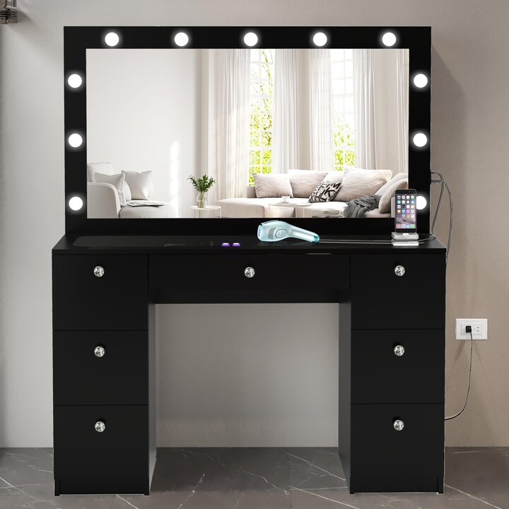 Boahaus Orla Mini Black Vanity Makeup Desk with Mirror and 11 Built-in ...