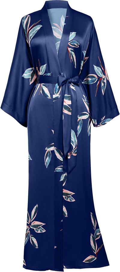 BABEYOND Charmeuse Satin Kimono Dressing Gown Leaves Pattern Kimono ...