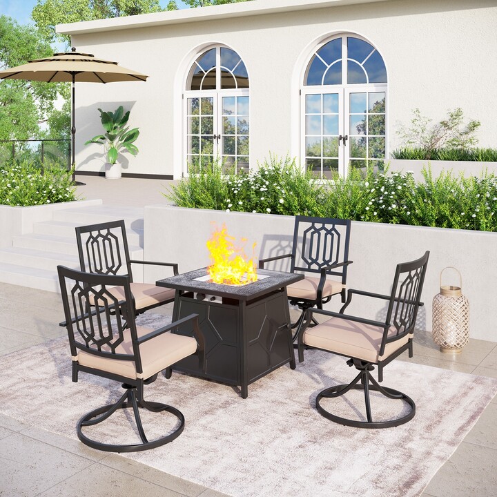 Cocam 5-Piece Patio Dining Set Gas Fire Pit Table & 4 Steel Swivel ...