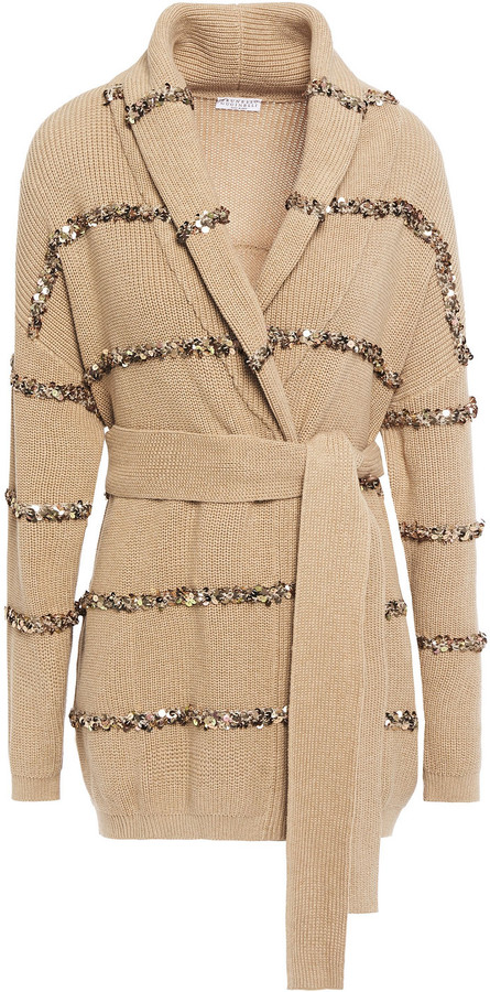 Brunello Cucinelli Belted Sequin-embellished Cotton Cardigan - ShopStyle